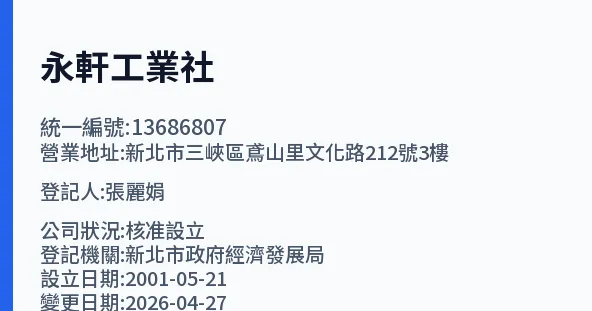 永軒工業社的照片-統編 13686807(新北市) 公司登記資料與營業項目詳細圖表