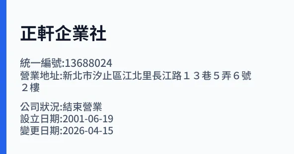 正軒企業社的照片-統編 13688024(新北市) 公司登記資料與營業項目詳細圖表