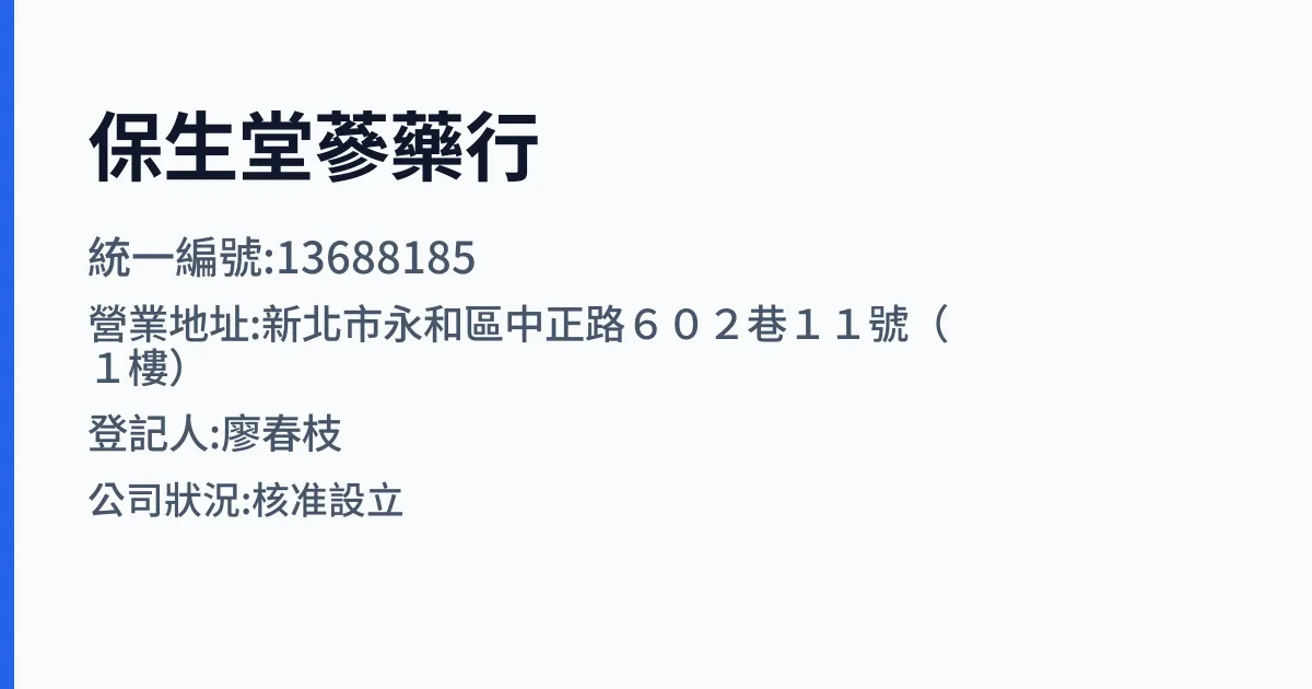 保生堂蔘藥行 - 統編 13688185(新北市) 公司登記資料與營業項目詳細圖表
