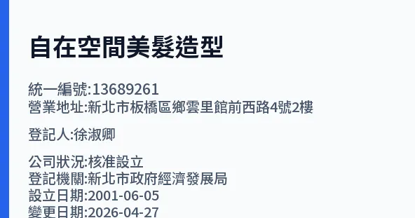 自在空間美髮造型的照片-統編 13689261(新北市) 公司登記資料與營業項目詳細圖表