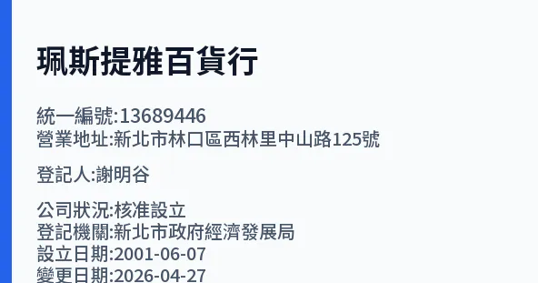 珮斯提雅百貨行的照片-統編 13689446(新北市) 公司登記資料與營業項目詳細圖表