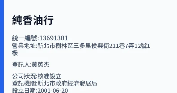 純香油行的照片-統編 13691301(新北市) 公司登記資料與營業項目詳細圖表