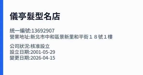儀亭髮型名店的照片-統編 13692907(新北市) 公司登記資料與營業項目詳細圖表