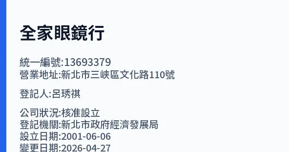全家眼鏡行的照片-統編 13693379(新北市) 公司登記資料與營業項目詳細圖表