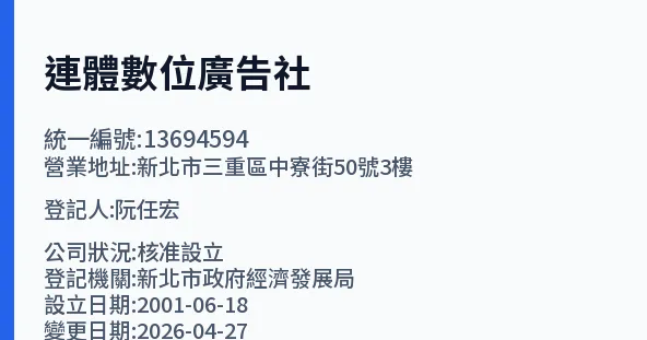 連體數位廣告社的照片-統編 13694594(新北市) 公司登記資料與營業項目詳細圖表