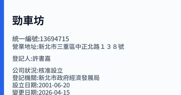 勁車坊的照片-統編 13694715(新北市) 公司登記資料與營業項目詳細圖表
