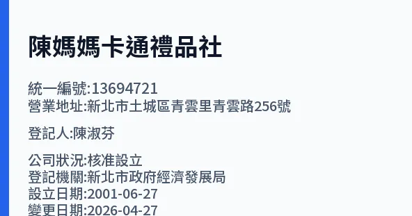 陳媽媽卡通禮品社的照片-統編 13694721(新北市) 公司登記資料與營業項目詳細圖表