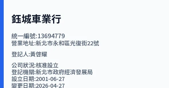 鈺城車業行的照片-統編 13694779(新北市) 公司登記資料與營業項目詳細圖表