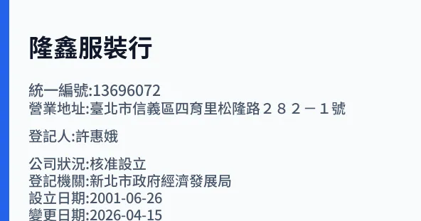 隆鑫服裝行的照片-統編 13696072(臺北市) 公司登記資料與營業項目詳細圖表