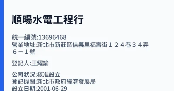 順暘水電工程行的照片-統編 13696468(新北市) 公司登記資料與營業項目詳細圖表