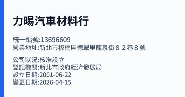 力晹汽車材料行的照片-統編 13696609(新北市) 公司登記資料與營業項目詳細圖表