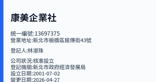 康美企業社的照片-統編 13697375(新北市) 公司登記資料與營業項目詳細圖表