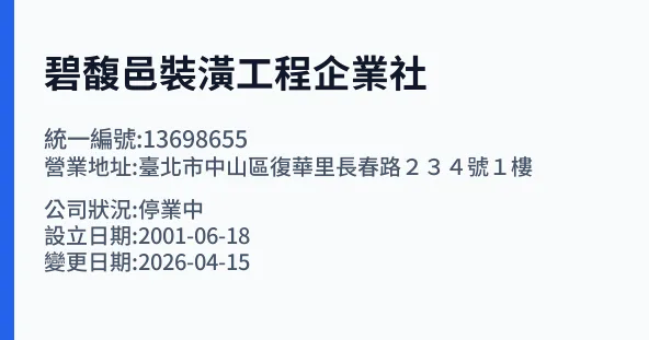 碧馥邑裝潢工程企業社的照片-統編 13698655(臺北市) 公司登記資料與營業項目詳細圖表
