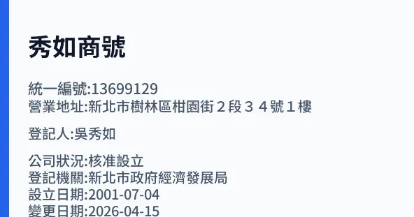 秀如商號的照片-統編 13699129(新北市) 公司登記資料與營業項目詳細圖表
