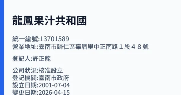 龍鳳果汁共和國的照片-統編 13701589(臺南市) 公司登記資料與營業項目詳細圖表