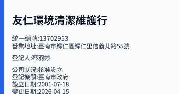 友仁環境清潔維護行的照片-統編 13702953(臺南市) 公司登記資料與營業項目詳細圖表