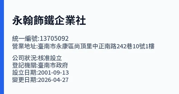 永翰飾鐵企業社的照片-統編 13705092(臺南市) 公司登記資料與營業項目詳細圖表