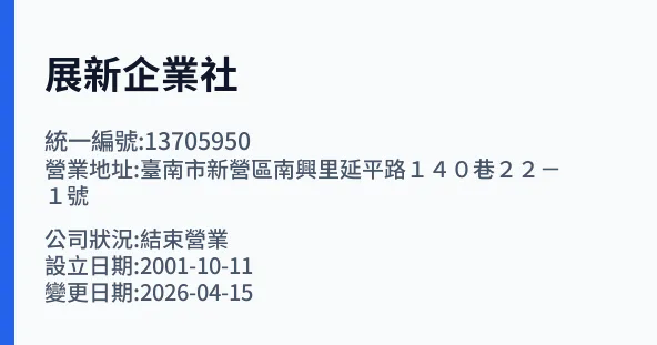 展新企業社的照片-統編 13705950(臺南市) 公司登記資料與營業項目詳細圖表