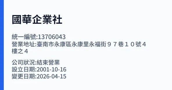 國華企業社的照片-統編 13706043(臺南市) 公司登記資料與營業項目詳細圖表
