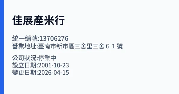佳展產米行的照片-統編 13706276(臺南市) 公司登記資料與營業項目詳細圖表