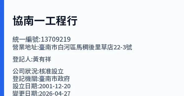 協南一工程行的照片-統編 13709219(臺南市) 公司登記資料與營業項目詳細圖表