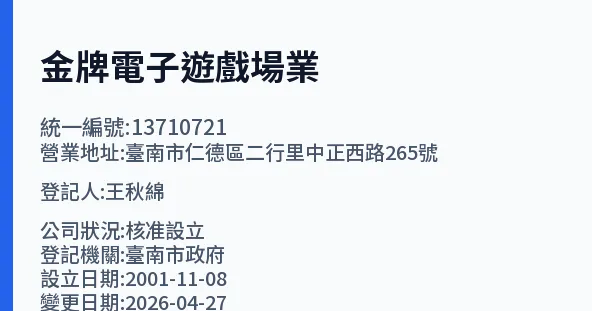 金牌電子遊戲場業的照片-統編 13710721(臺南市) 公司登記資料與營業項目詳細圖表
