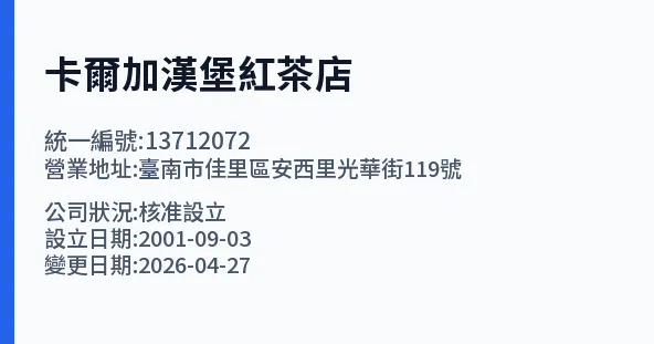 卡爾加漢堡紅茶店的照片-統編 13712072(臺南市) 公司登記資料與營業項目詳細圖表