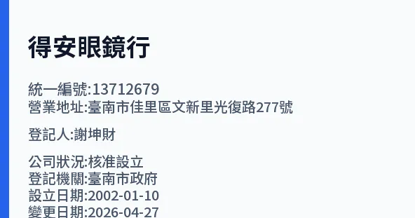 得安眼鏡行的照片-統編 13712679(臺南市) 公司登記資料與營業項目詳細圖表