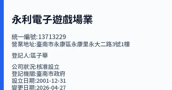 永利電子遊戲場業的照片-統編 13713229(臺南市) 公司登記資料與營業項目詳細圖表