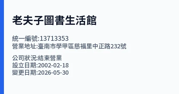 老夫子圖書生活館的照片-統編 13713353(臺南市) 公司登記資料與營業項目詳細圖表
