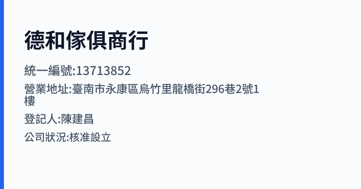 德和傢俱商行 - 統編 13713852(臺南市) 公司登記資料與營業項目詳細圖表