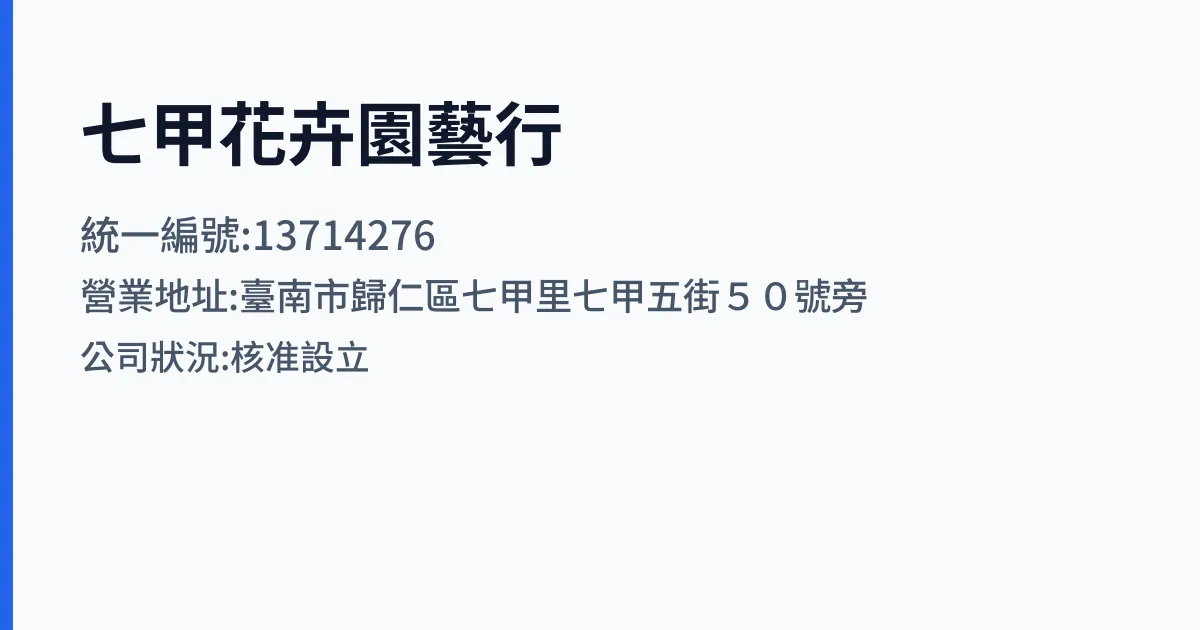 七甲花卉園藝行 - 統編 13714276(臺南市) 公司登記資料與營業項目詳細圖表