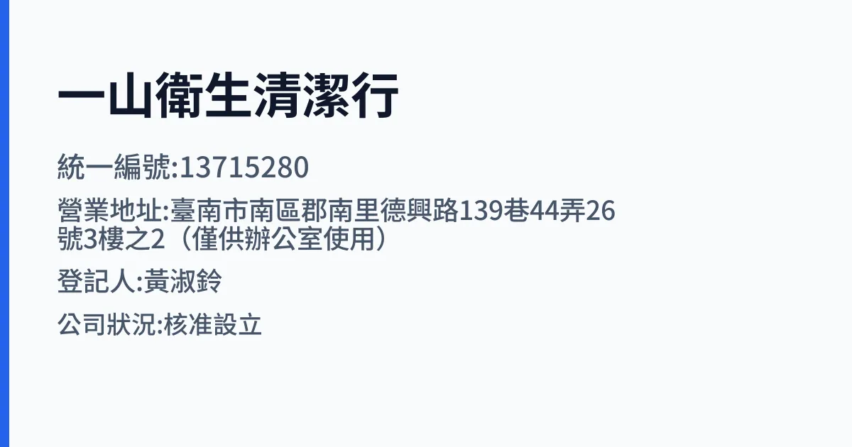 一山衛生清潔行 - 統編 13715280(臺南市) 公司登記資料與營業項目詳細圖表