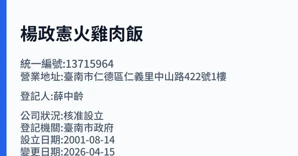楊政憲火雞肉飯的照片-統編 13715964(臺南市) 公司登記資料與營業項目詳細圖表