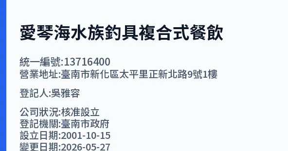 愛琴海水族釣具複合式餐飲的照片-統編 13716400(臺南市) 公司登記資料與營業項目詳細圖表