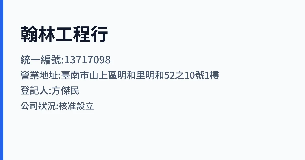 翰林工程行 - 統編 13717098(臺南市) 公司登記資料與營業項目詳細圖表