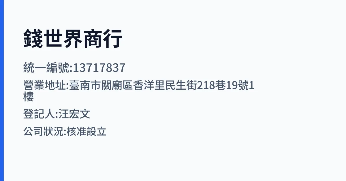 錢世界商行 - 統編 13717837(臺南市) 公司登記資料與營業項目詳細圖表
