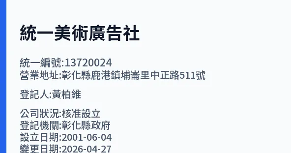 統一美術廣告社的照片-統編 13720024(彰化縣) 公司登記資料與營業項目詳細圖表