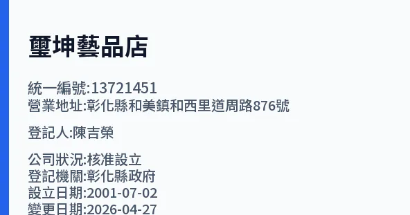 璽坤藝品店的照片-統編 13721451(彰化縣) 公司登記資料與營業項目詳細圖表