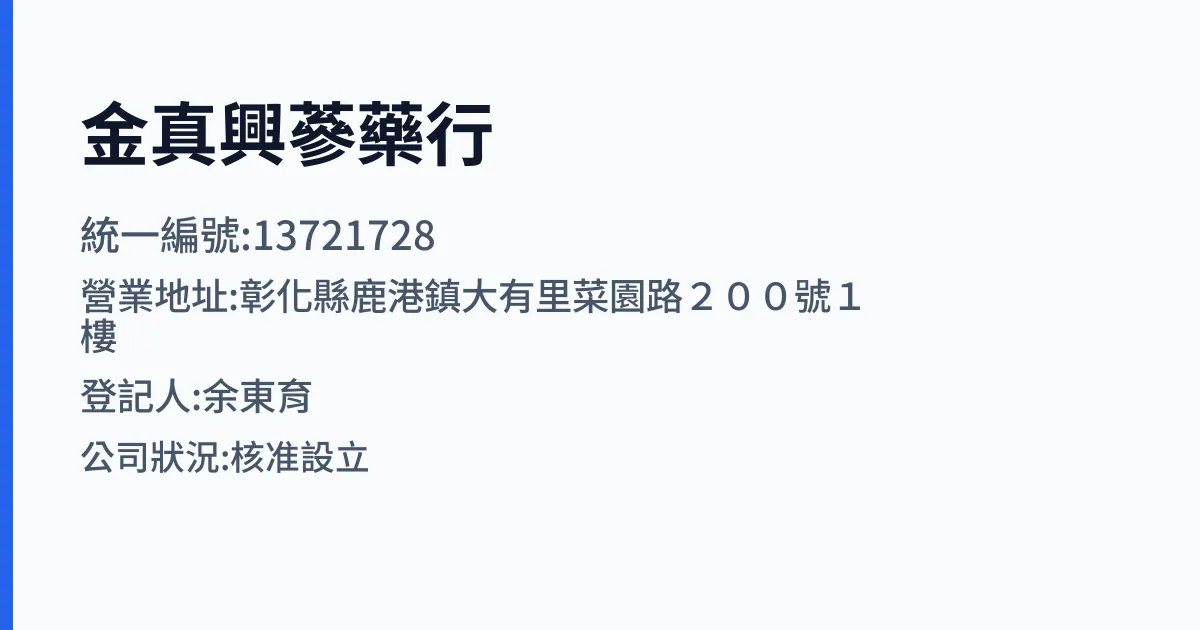 金真興蔘藥行 - 統編 13721728(彰化縣) 公司登記資料與營業項目詳細圖表