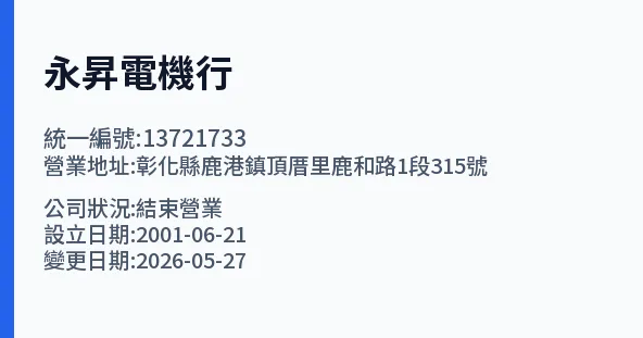 永昇電機行的照片-統編 13721733(彰化縣) 公司登記資料與營業項目詳細圖表