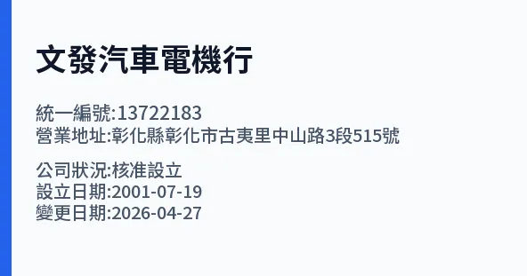 文發汽車電機行的照片-統編 13722183(彰化縣) 公司登記資料與營業項目詳細圖表