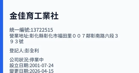 金佳育工業社的照片-統編 13722515(彰化縣) 公司登記資料與營業項目詳細圖表