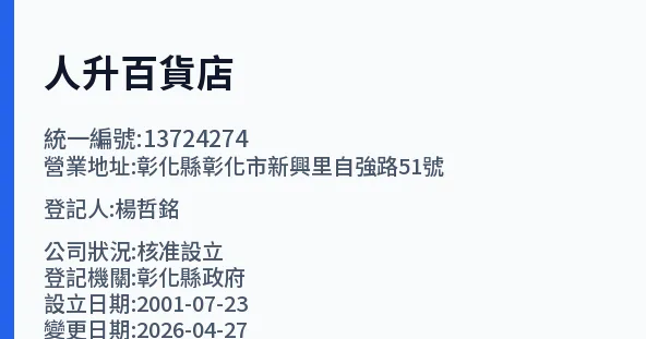 人升百貨店的照片-統編 13724274(彰化縣) 公司登記資料與營業項目詳細圖表