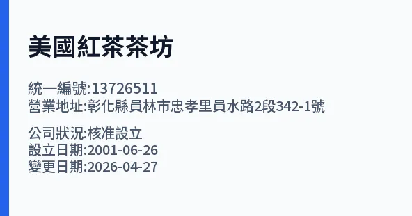 美國紅茶茶坊的照片-統編 13726511(彰化縣) 公司登記資料與營業項目詳細圖表