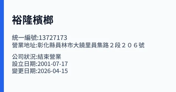 裕隆檳榔的照片-統編 13727173(彰化縣) 公司登記資料與營業項目詳細圖表