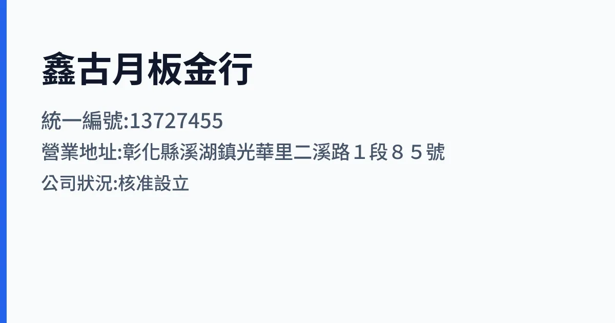 鑫古月板金行 - 統編 13727455(彰化縣) 公司登記資料與營業項目詳細圖表