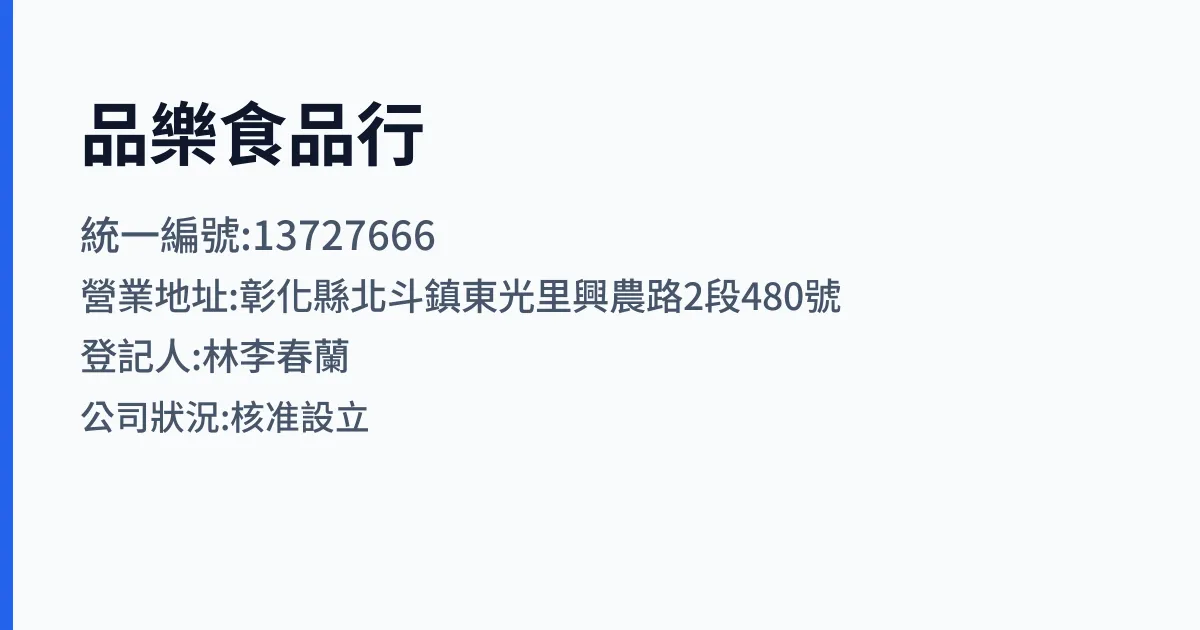 品樂食品行 - 統編 13727666(彰化縣) 公司登記資料與營業項目詳細圖表