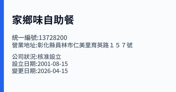 家鄉味自助餐的照片-統編 13728200(彰化縣) 公司登記資料與營業項目詳細圖表