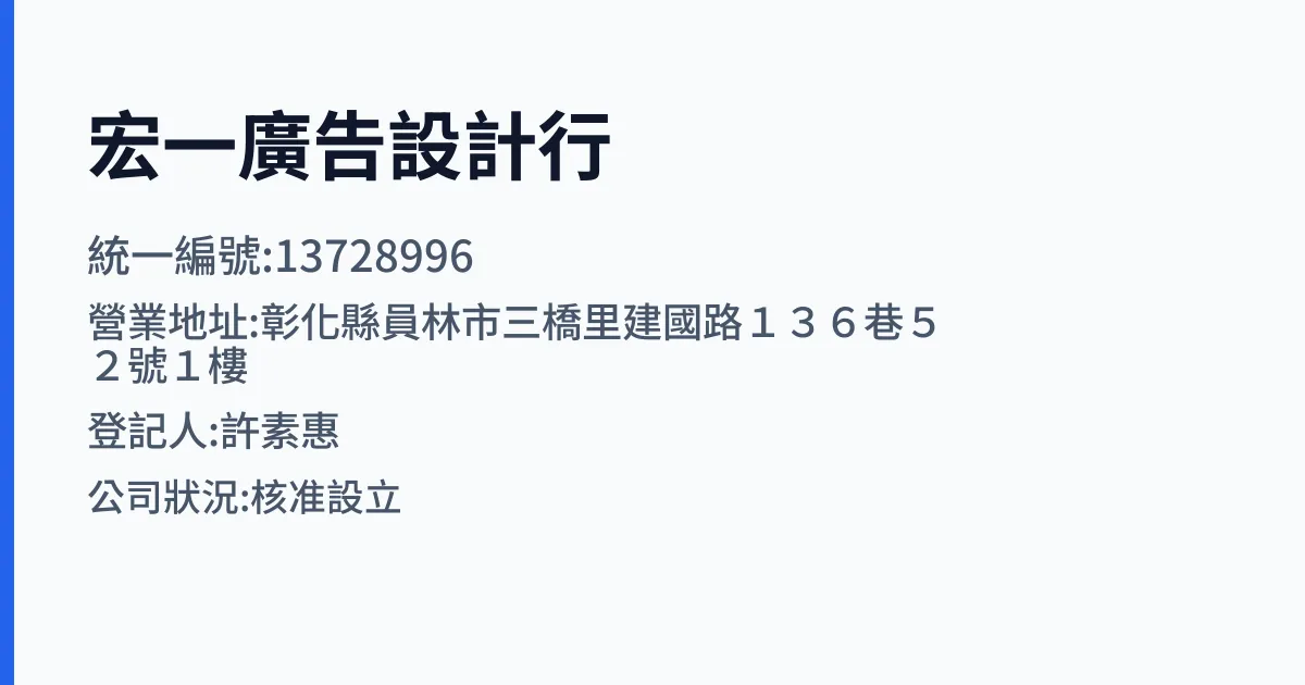 宏一廣告設計行 - 統編 13728996(彰化縣) 公司登記資料與營業項目詳細圖表